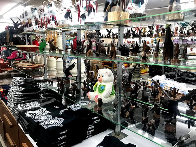 Souvenirs galore! It's like someone raided Willy Wonka's factory and replaced all the candy with Route 66 memorabilia.