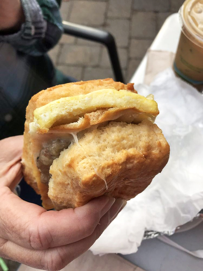 Behold, the breakfast sandwich of champions! This golden creation could make even the Mona Lisa crack a smile.