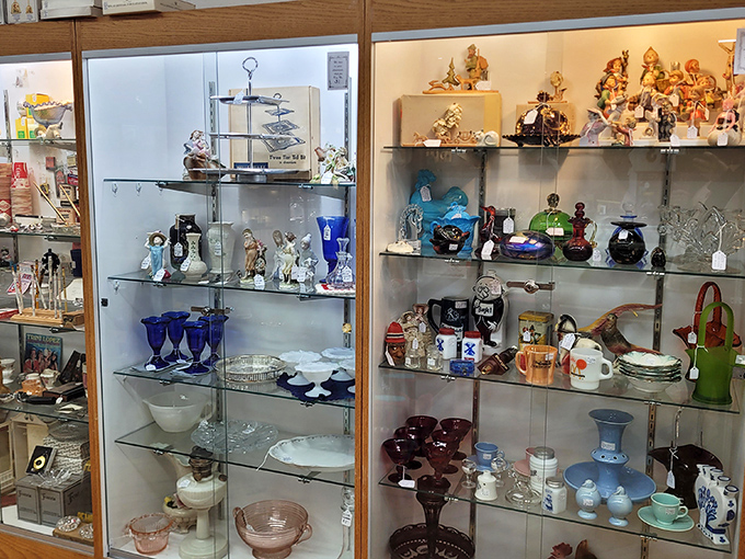 Grandma's china cabinet got nothing on this! From delicate figurines to sturdy steins, this glass menagerie is a feast for the eyes.