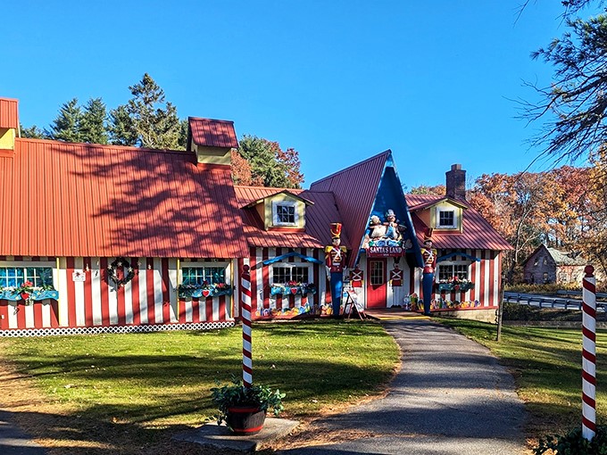 Candy cane stripes and festive cheer &ndash; this quaint building looks like it popped right out of a holiday storybook!