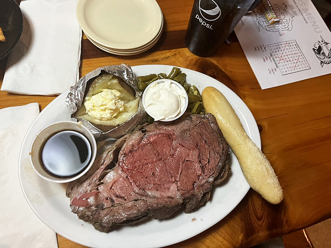 Prime rib perfection! This juicy slab of beef is so tender, you might just forget you're not in a fancy steakhouse.