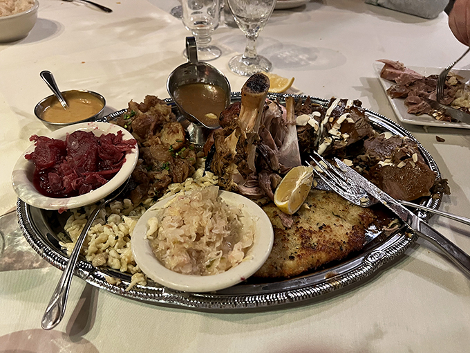 Behold, the Bavarian smorgasbord! This platter is like a greatest hits album of German cuisine &ndash; every bite's a chart-topper.