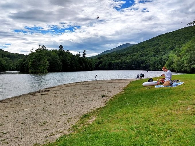 Beach day, Vermont style! No palm trees needed when you've got these majestic pines standing guard over your picnic spread.