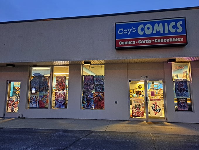Coy's Comics: Where superheroes come to life! The storefront is like a comic book splash page in 3D.