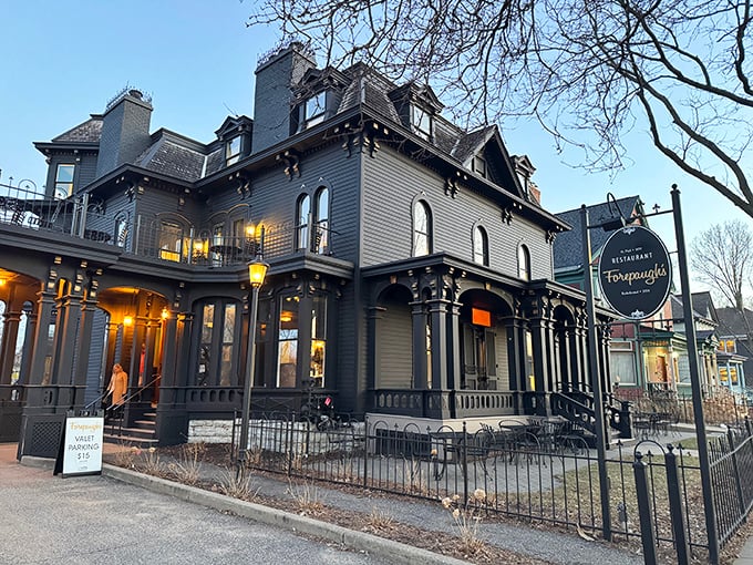 Forepaugh's Restaurant's Victorian architecture creates a perfect backdrop for its tragic love story. The dark exterior seems to absorb sunlight, much like it absorbed the building's sad history.