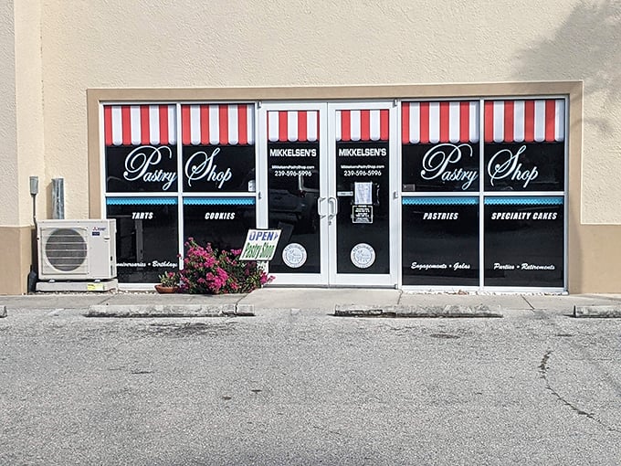 Scandinavia meets Florida! Mikkelsen's charming red and white awning hints at the Danish delights hiding in this unassuming strip mall.