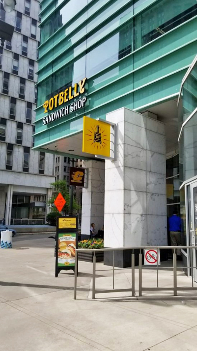 Sandwich skyscraper alert! Potbelly's sleek exterior houses towering creations that'll satisfy any hunger.