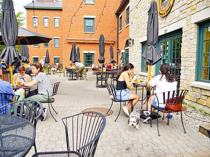 Pit stop with a view! The Skinny Pancake's outdoor seating offers a perfect break from the road, with a side of local flavor.