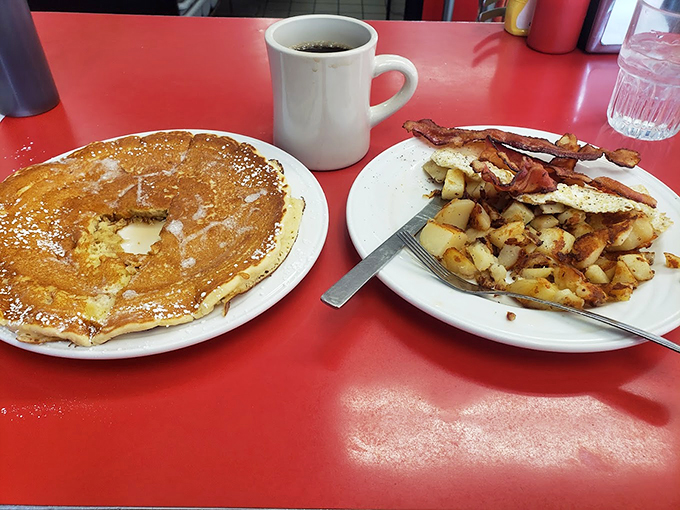 The breakfast of champions: A pancake that could double as a pillow and coffee strong enough to wake the dead.
