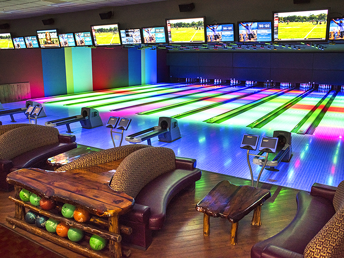 Strikes and spares in technicolor! This bowling alley looks like it was designed by Willy Wonka's sportier cousin.