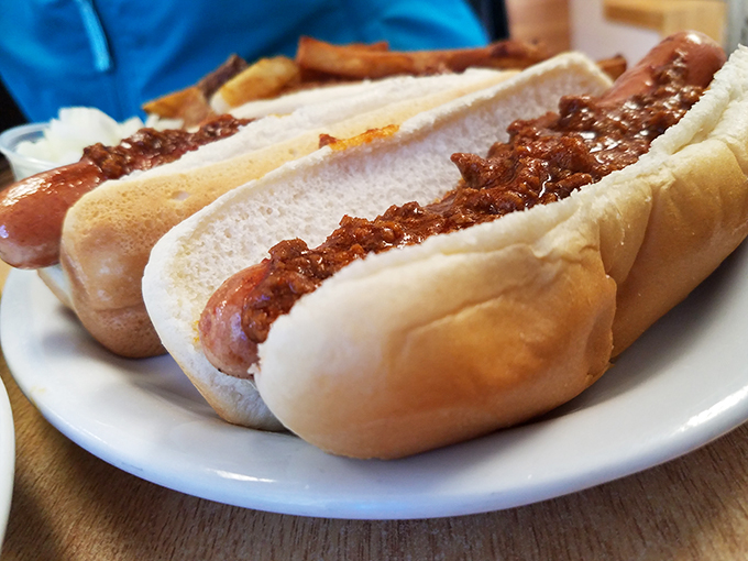 Hot dog royalty! These Coney dogs are dressed to impress, sporting their signature sauce like a flavorful crown.