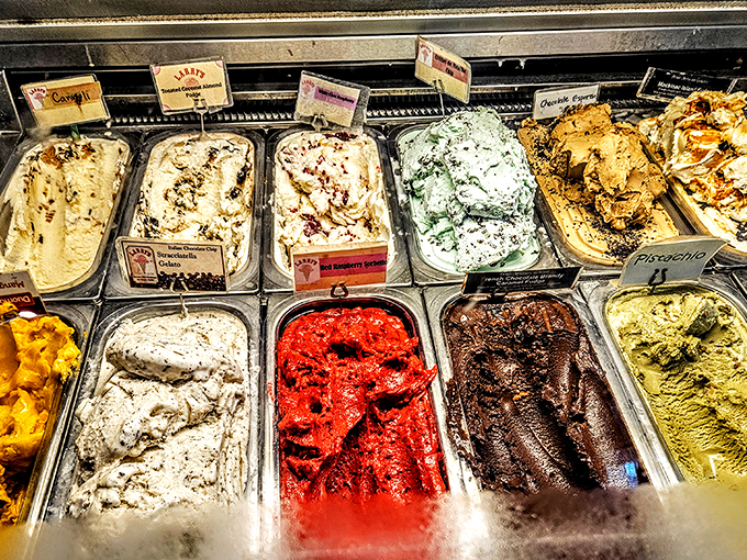 Flavor explosion ahead! Larry's ice cream case is like a Pantone color guide for your palate – vibrant, varied, and oh-so-tempting.