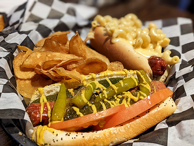 It's a flavor fiesta on a bun! This hotdog's got more layers than a telenovela plot, and it's just as dramatic.