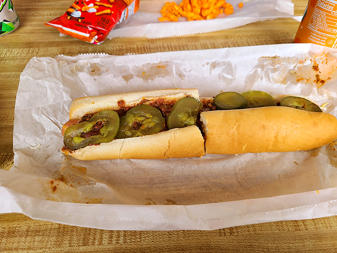 A pickle lover's dream come true! This Italian-style hot dog is like a crunchy, tangy hug for your taste buds.