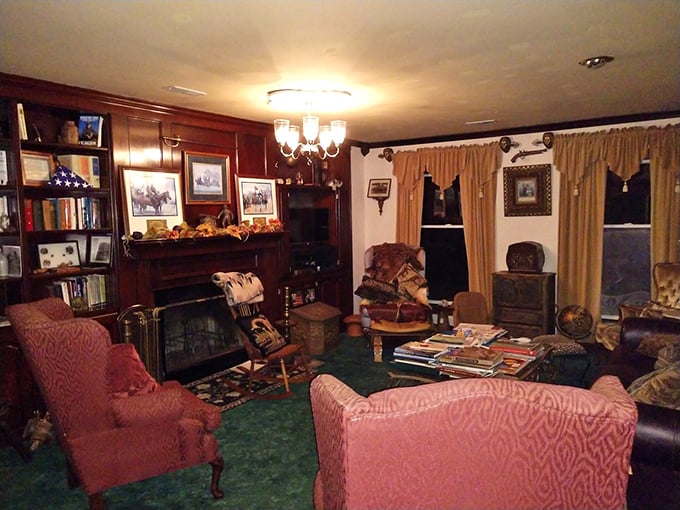 Cozy up in this living room where history meets comfort. It's like a warm hug from the past, with better upholstery.