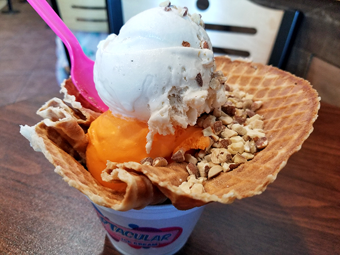 A waffle bowl of pure bliss. It's like someone took summer, happiness, and sprinkles, and served it up with a cherry on top.