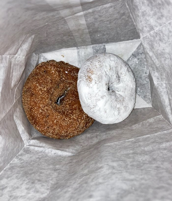 A dynamic duo of donuts: one powdered, one glazed. It's like Batman and Robin, but infinitely more satisfying to bite into.
