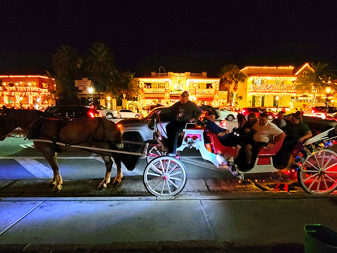 Giddy up and glow! These horse-drawn carriages aren't just transportation; they're time machines whisking you through a twinkling winter wonderland.