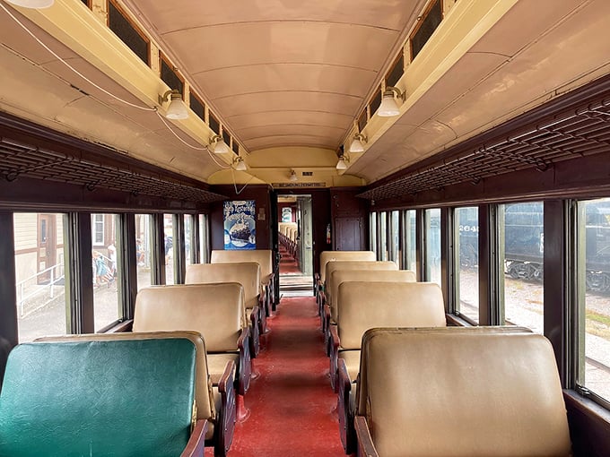 First-class seating, 1920s style. Settle in and imagine the clinking of champagne glasses as the countryside rolls by outside.
