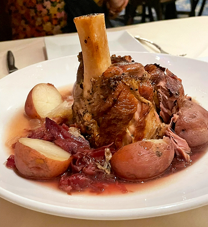 Move over, Flintstone-sized ribs! This pork shank is the caveman's dream come true, nestled in a bed of tangy sauerkraut and tender potatoes.
