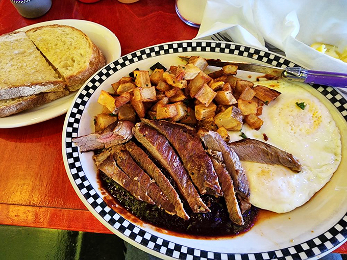 Cowboy Curtis, is that you? This hearty plate of steak and eggs looks ready to lasso your taste buds and ride off into flavor country.