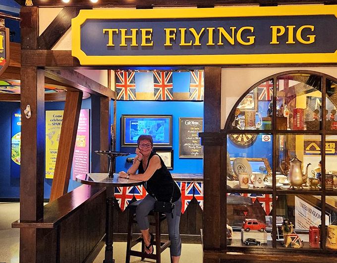 "To SPAM or not to SPAM?" Visitors ponder life's meatiest questions at The Flying Pig, a cheeky nod to British SPAM enthusiasm.