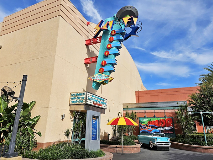 Blast off to burger bliss! The Sci-Fi Dine-In Theater takes you back to the future of 1950s drive-ins.