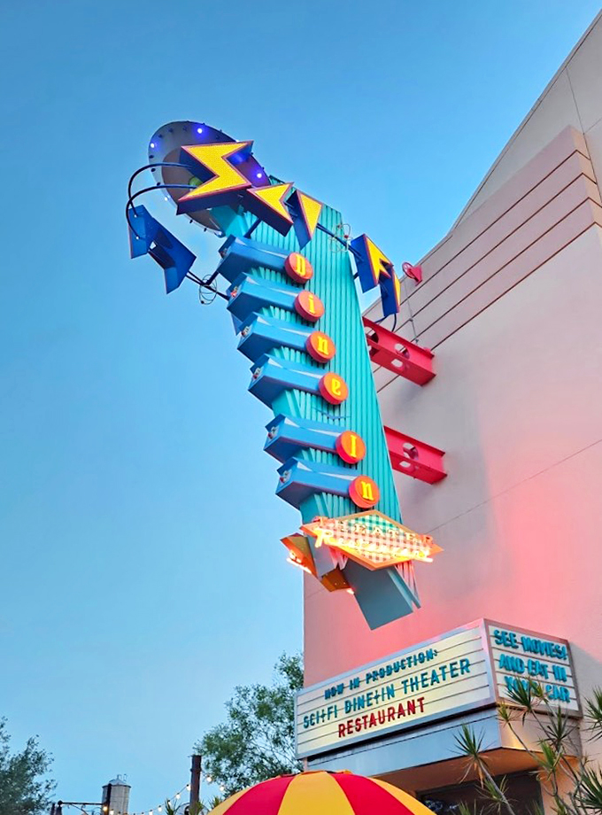 Where "American Graffiti" meets "The Jetsons." Enjoy classic diner fare while B-movie aliens invade the big screen.