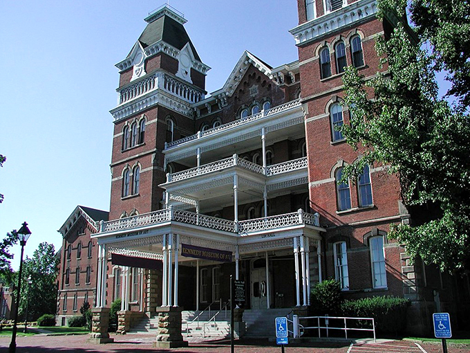 Academia meets asylum architecture. The Ridges' stately facade hides a complex past, now repurposed for less spooky scholarly pursuits.