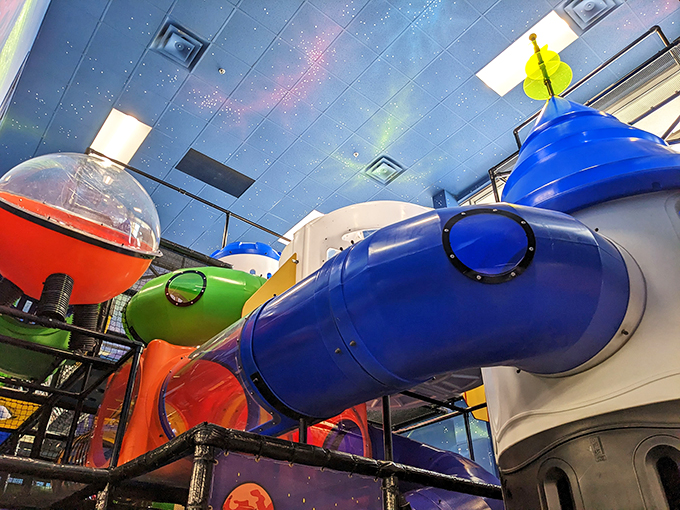 Blast off from the highway and into a galaxy of slides and tunnels. No spacesuits required!