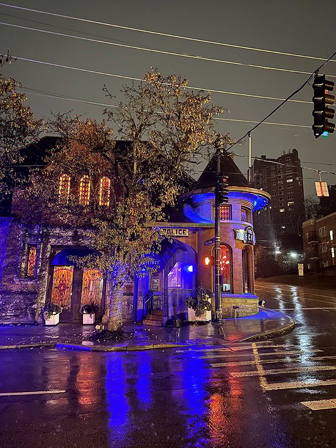 "Blue lights spell beefy delights: The Precinct's nighttime glow is a siren call for steak lovers."