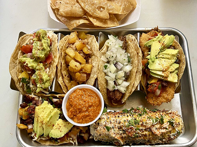 Taco 'bout a flavor fiesta! This taco flight is like a United Nations summit of deliciousness, no passport required.