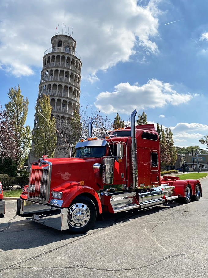 When Illinois meets Italy: A classic American truck poses with the Leaning Tower of Niles. Talk about a cultural crossover episode!