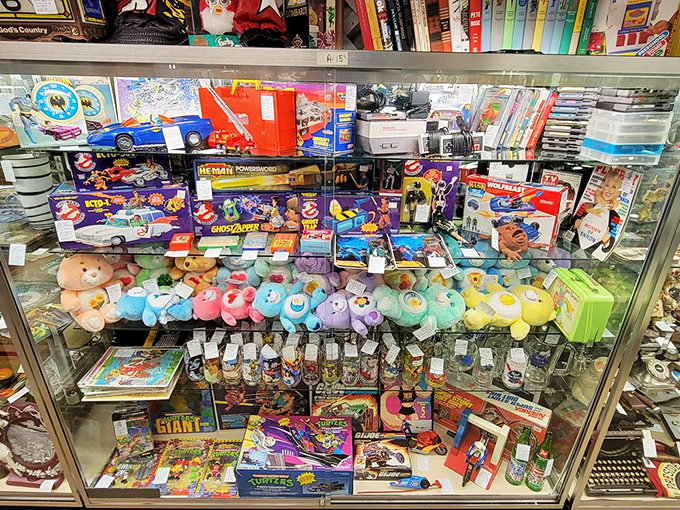 Toy story come to life! This glass case is bursting with childhood dreams. Spot anything that takes you back to Saturday morning cartoons?