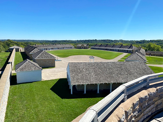 A view that'll make you say "Oh, fort-unate me!" Feast your eyes on Fort Snelling's parade ground, where history and nature join forces for a spectacular show.