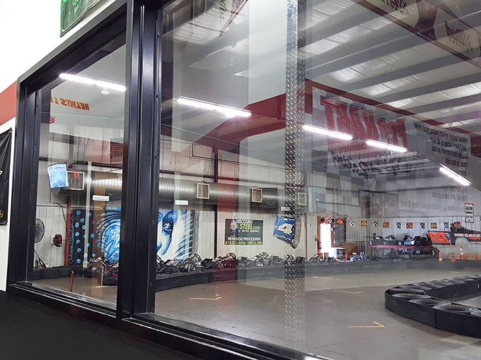 Window shopping for adrenaline! Peek inside and witness the birth of future NASCAR stars &ndash; or at least, very enthusiastic minivan drivers.