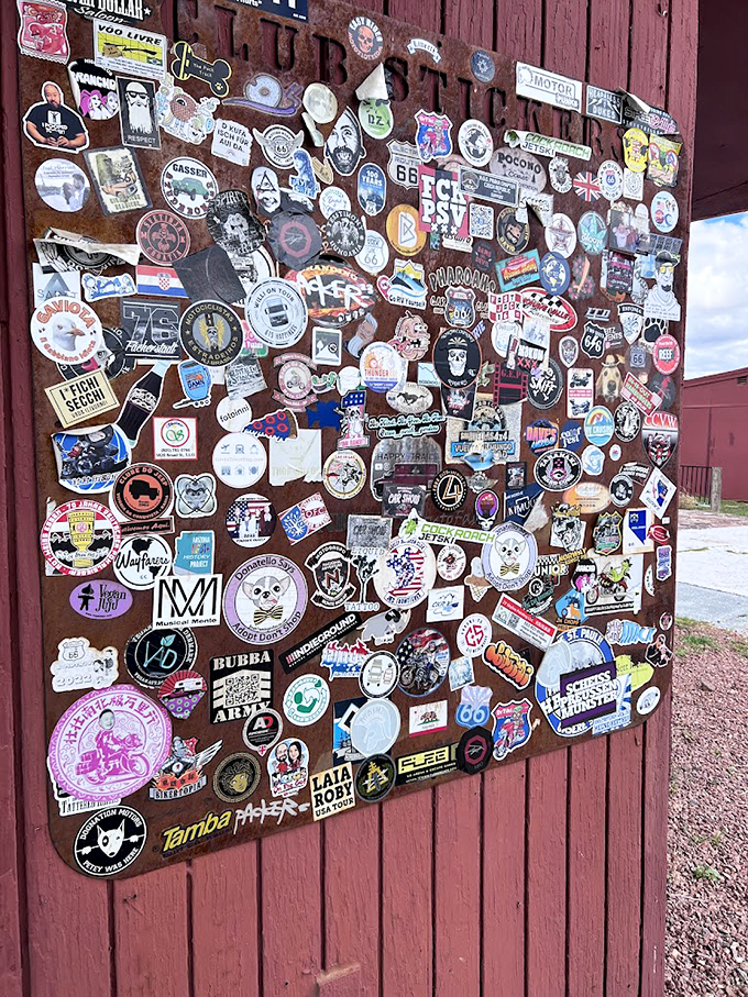 This wall of stickers is like a passport for your eyes – each one a tiny portal to another adventure. It's Instagram before Instagram was cool!