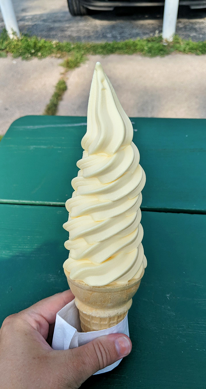 The Leaning Tower of Creamy! This Dole Whip defies gravity and tantalizes taste buds with its swirly, dairy-free dance.
