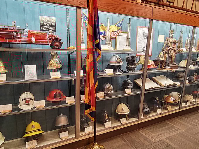 From leather to modern-day kevlar, this helmet display shows the evolution of keeping firefighters' noggins safe and stylish.