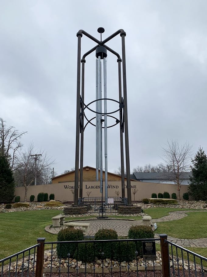 Standing tall and proud, this wind chime is the town's way of saying, "We're here, we're clear, get used to it!"