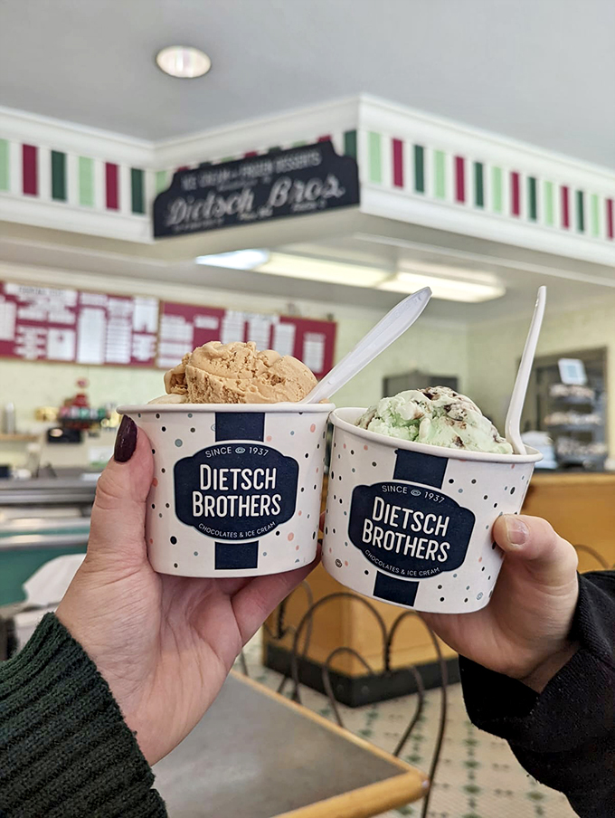 Scoops of joy in polka-dot cups! Dietsch Brothers' ice cream is like a hug for your taste buds.