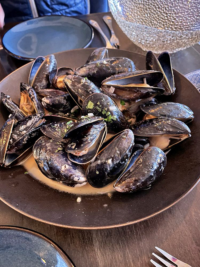 Mussels flexing their culinary muscles! These plump beauties are ready to dive into your mouth and make a splash.