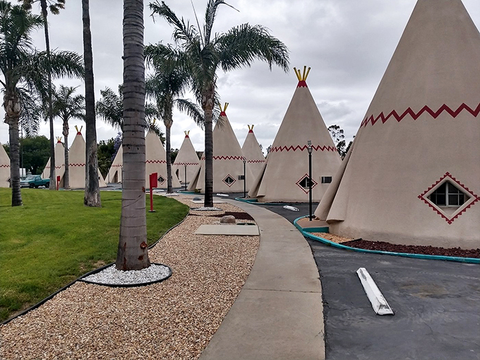 Line 'em up! These teepees are standing at attention, ready to shelter weary travelers. It's like a powwow for architecture enthusiasts.