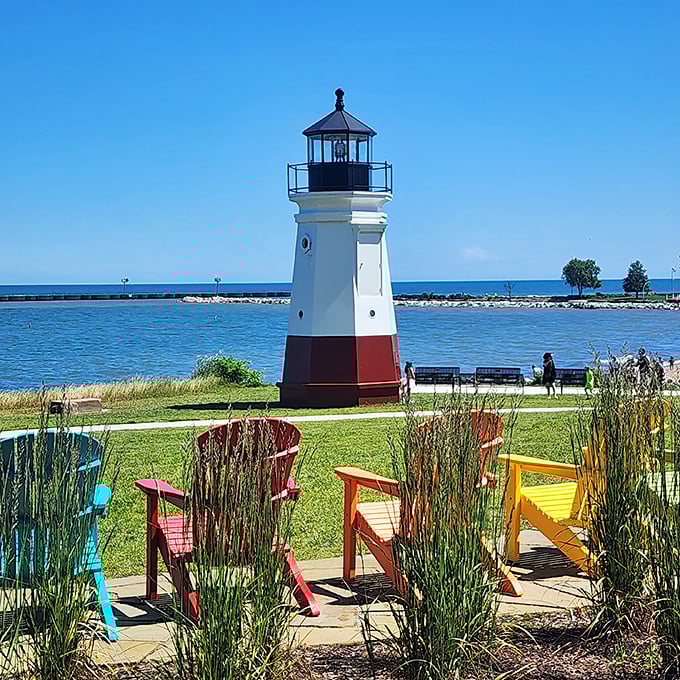 "Pull up a chair and stay awhile! These colorful seats are like a Crayola box exploded, inviting you to paint your day with relaxation."