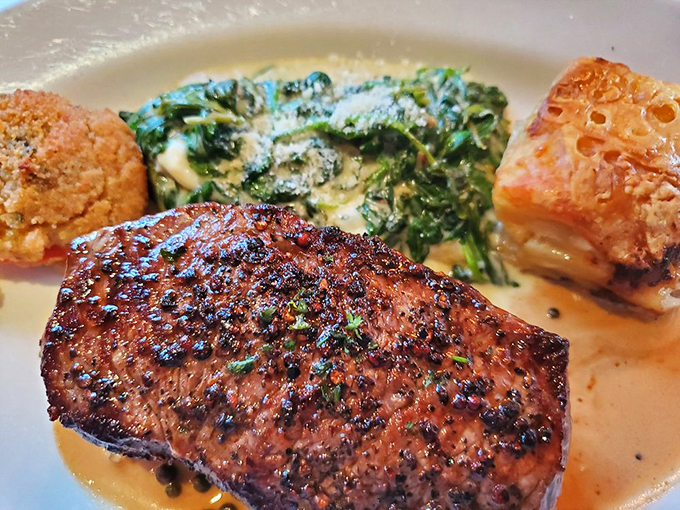 Holy cow! This New York Strip is so perfectly seared, it could make a vegetarian reconsider. Paired with creamy spinach, it's a match made in culinary heaven.