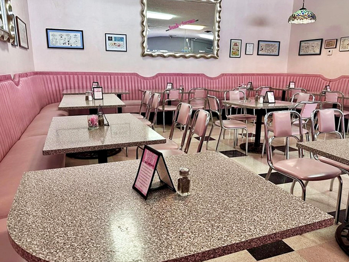 Pretty in pink! The Sugar Bowl's dining area is like stepping into a 1950s sitcom set &ndash; minus the laugh track, plus all the charm.