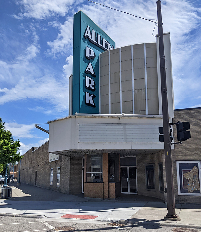 Lights, camera, Allen Park! This vintage theater sign is a scene-stealer, standing tall like a local celebrity ready for its close-up.