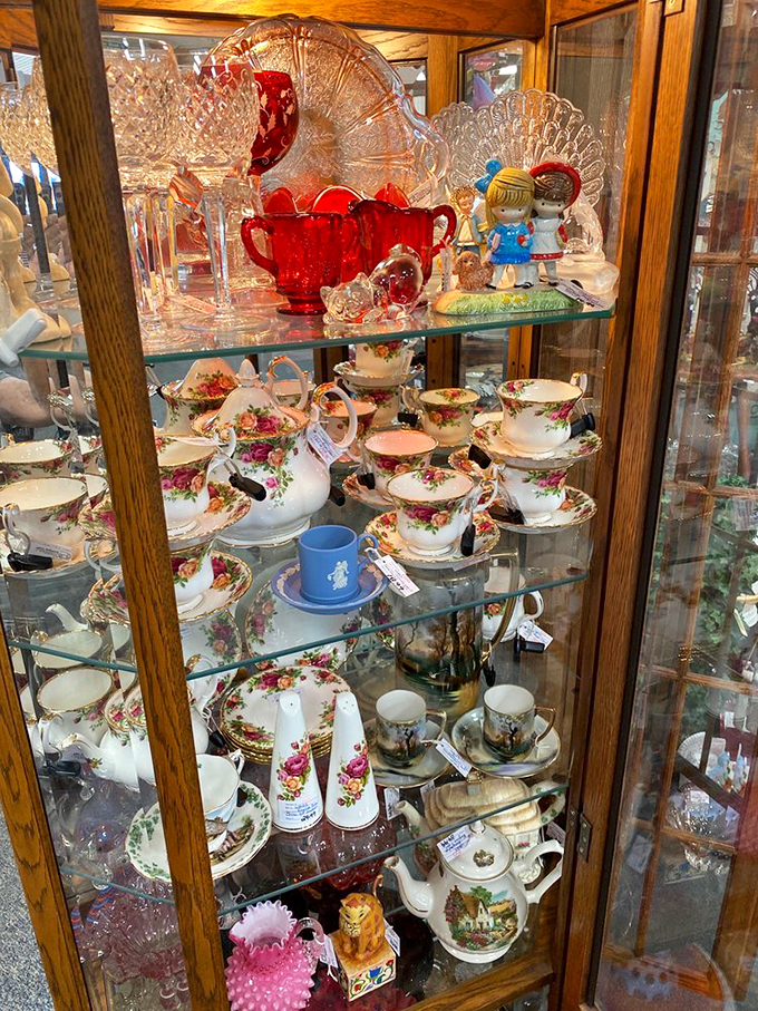 Grandma's china cabinet has nothing on this display! From delicate teacups to robust punch bowls, it's a porcelain paradise.