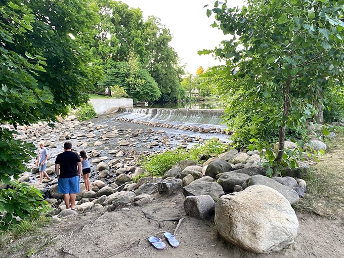 Rock-hopping time travelers! These intrepid explorers are getting their feet wet in history. Who needs a DeLorean when you've got a babbling brook?