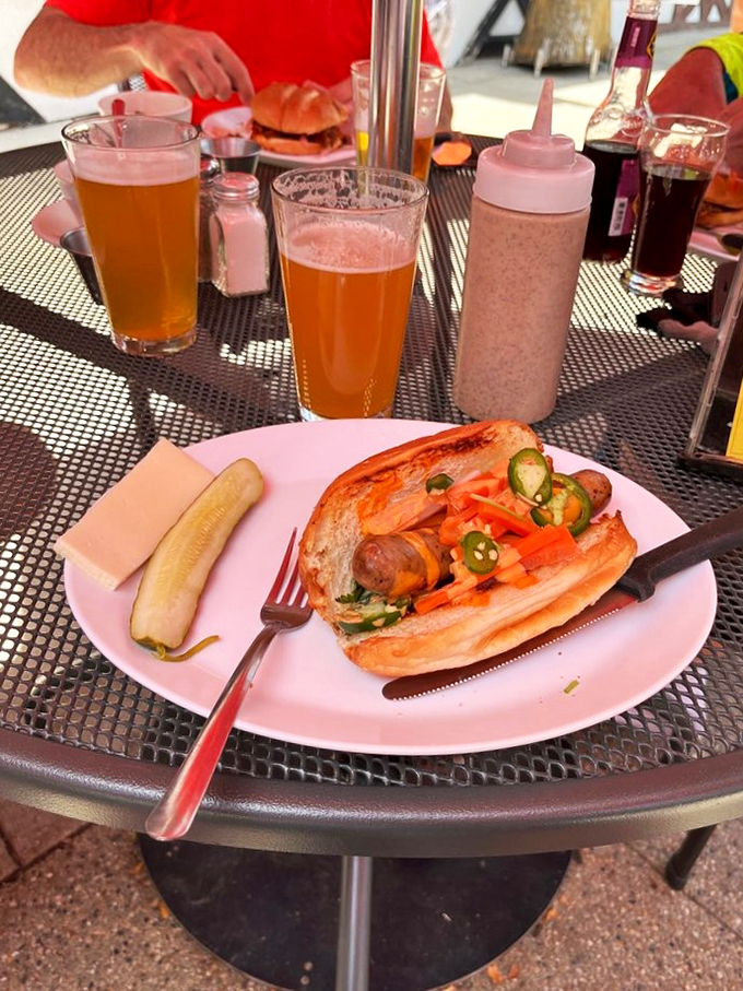 Outdoor dining, Wisconsin style. Cold beer, hot sandwiches, and a side of people-watching &ndash; it's like a Midwest episode of "Cheers."